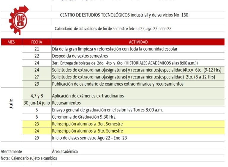 Calendario de Actividades – CETis 160