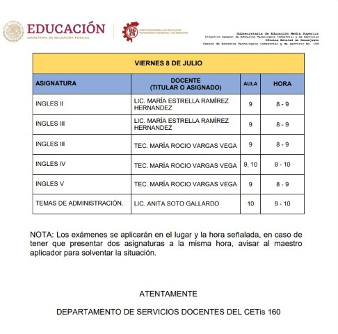 Calendario para los exámenes extraordinarios – CETis 160